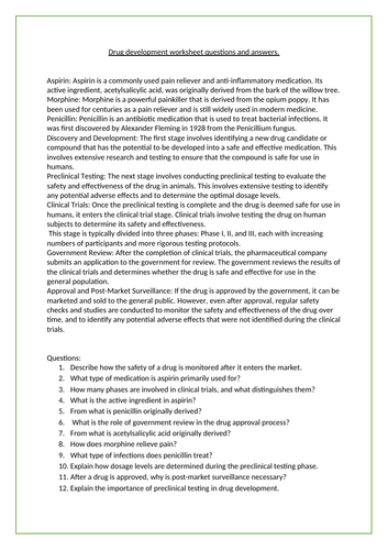 Drug development KS4 worksheet questions and answers. | Teaching Resources