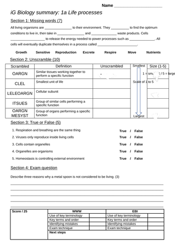 iGCSE Biology 1a: Life processes - summary sheet | Teaching Resources