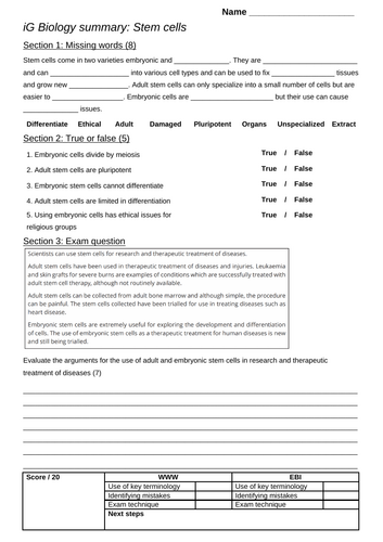 iGCSE Biology 2b: Stem cells - summary sheet | Teaching Resources