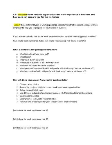 BTEC L3 Business - Unit 23 Assignment 1 - Template (Work Experience ...