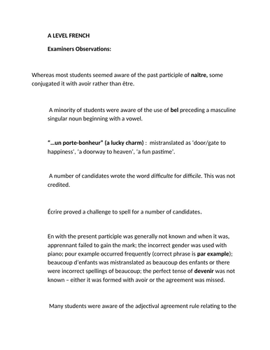 A LEVEL FRENCH: Examiners Observations: Learn from these mistakes ...