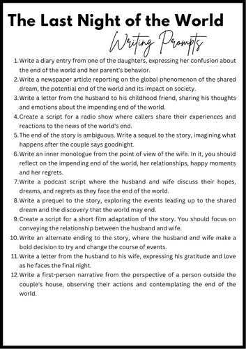 The Last Night of the World Post-Reading Creative Narrative Writing ...