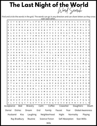 The Last Night of the World by Ray Bradbury Word Search Review Activity ...