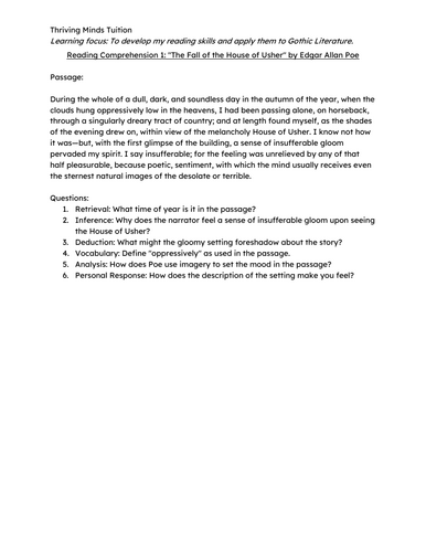 KS3 Gothic Literature Reading Comprehension - Pack 1 | Teaching Resources