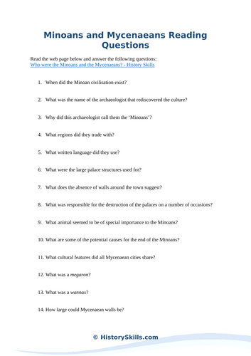 Minoans and Mycenaeans Reading Questions Worksheet | Teaching Resources