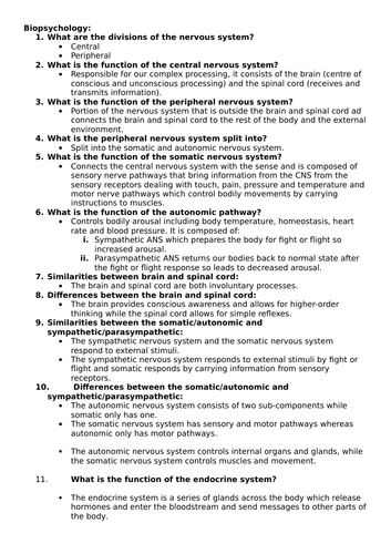 aqa a level psychology biopsychology notes | Teaching Resources