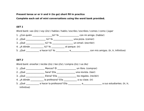 Present tense ar er ir and Ir (to go) short fill in practice | Teaching ...