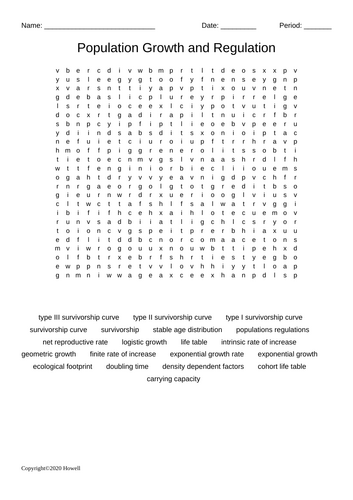 Population, Growth, and Regulation Word Search for an Ecology Course ...