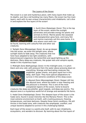 The Ocean Zones reading comprehension | Teaching Resources