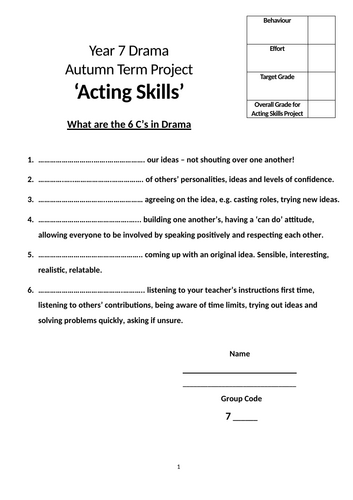 KS3 Acting Skills in Drama Work Booklet | Teaching Resources