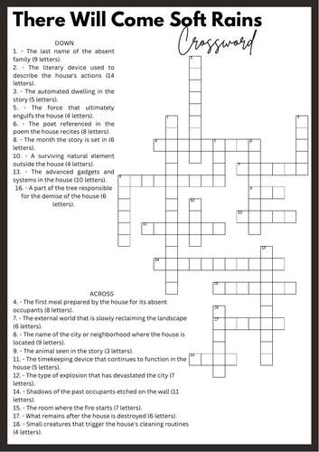 There Will Come Soft Rains by Ray Bradbury Crossword Review Activity No ...