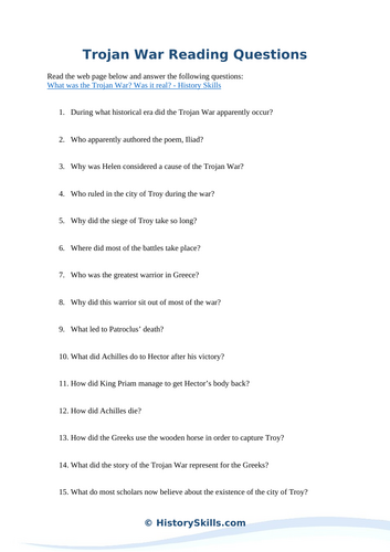 Trojan War Reading Questions Worksheet | Teaching Resources
