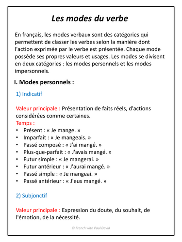 Les Modes Du Verbe Explications Et Exercices Corrigés Teaching