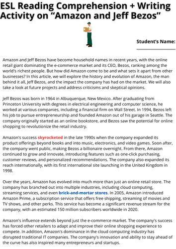 ESL Reading Comprehension + Writing Activity Worksheets on Amazon and ...