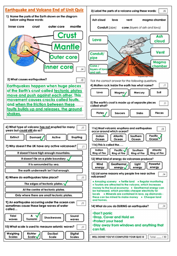 KS2 Earthquakes and Volcanoes End of Unit Quiz Worksheets and Answers ...