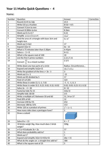 Foundation Maths Revision 100 Quick Questions Set 1 - Day 4 | Teaching ...
