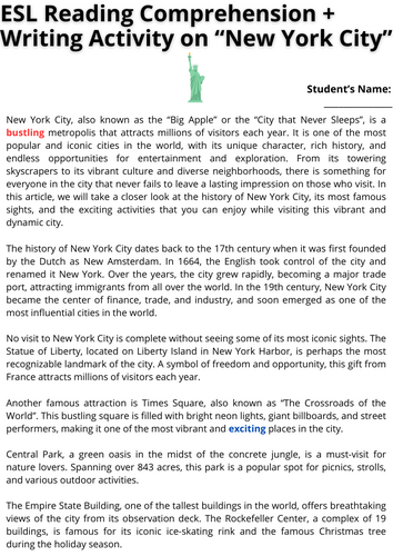 ESL Reading Comprehension + Writing Activity Worksheets on New York ...