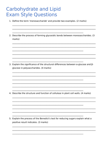 A Level Biology Carbohydrate Lipid Activity Booklet Exam Notes ...