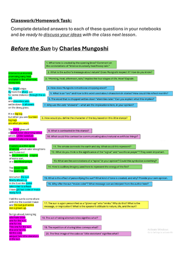 Before the Sun by Charles Mungoshi - Full Lesson Activities - CIE ...
