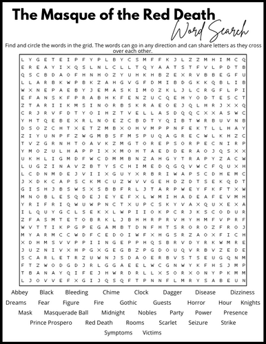 The Masque of the Red Death by Edgar Allan Poe Word Search Review ...