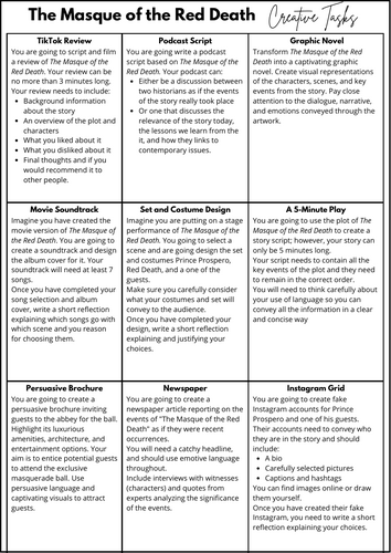 The Masque of the Red Death by Edgar Allan Poe Post-Reading Creative ...