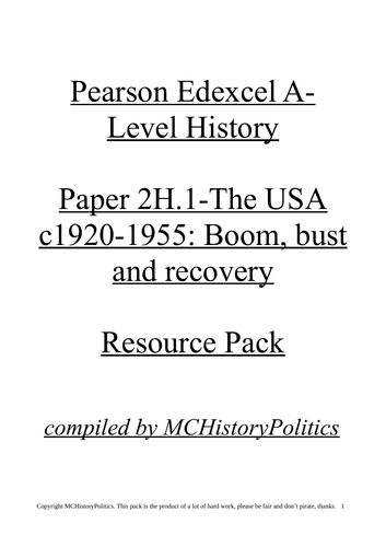 Pearson Paper 2H.1 The USA 1920-1955 Resource Pack | Teaching Resources