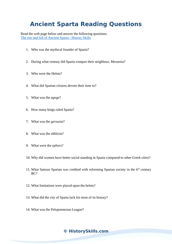 Rise and Fall of Ancient Sparta Reading Questions Worksheet | Teaching ...