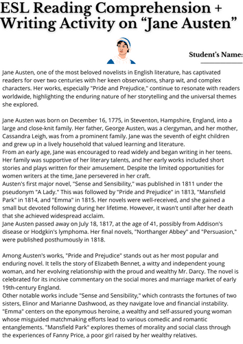 ESL Reading Comprehension + Writing Activity Worksheets on Jane Austen ...