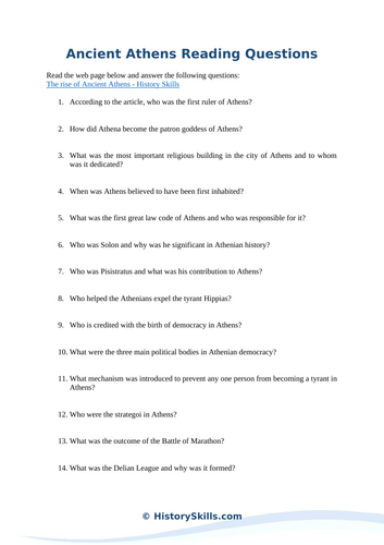 Ancient Athens Reading Questions Worksheet | Teaching Resources
