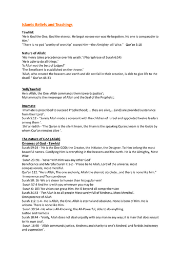 GCSE AQA Religious Studies Islam Beliefs and Teachings Quote Sheet ...