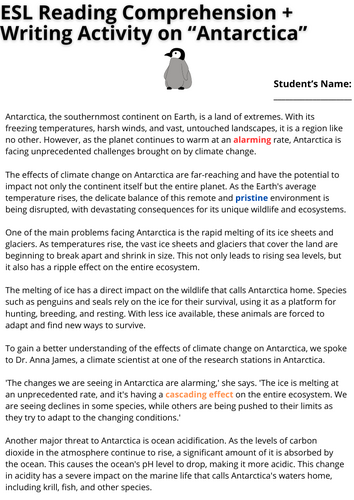 ESL Reading Comprehension + Writing Activity Worksheets on Antarctica ...