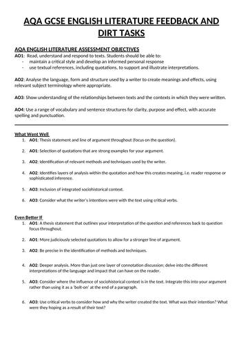 AQA GCSE English Literature Formative Feedback | Teaching Resources