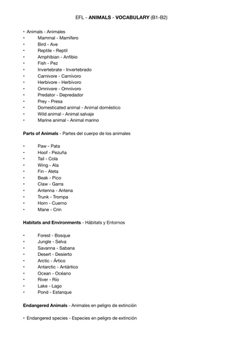 EFL ANIMALS VOCABULARY FOR SPANISH STUDENTS (CEFR B1-B2) | Teaching ...