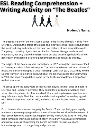 ESL Reading Comprehension + Writing Activity Worksheets on the Beatles ...