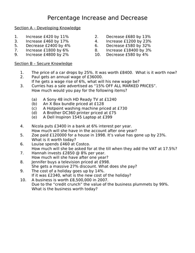 Percentage Increase and Decrease with Multipliers | Teaching Resources