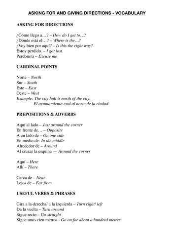 Asking for and giving directions (EFL / Spanish) | Teaching Resources