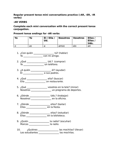 Regular present tense mini conversations practice (-AR, -ER, -IR verbs ...