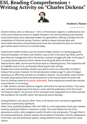 ESL Reading Comprehension + Writing Activity Worksheets on Charles ...