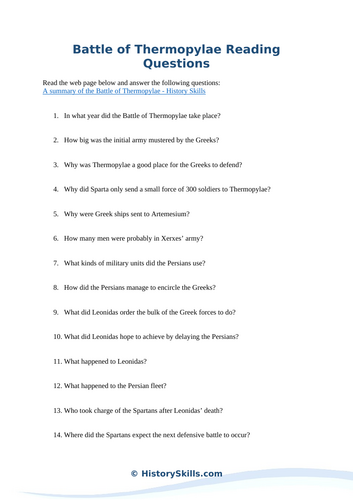 Battle of Thermopylae Reading Questions Worksheet | Teaching Resources