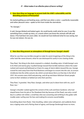 AQA English Language Paper 1 - 'IT' by Stephen King - Qs 4 & 5 ...