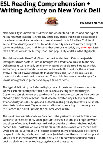 ESL Reading Comprehension + Writing Activity Worksheets - New York Deli ...