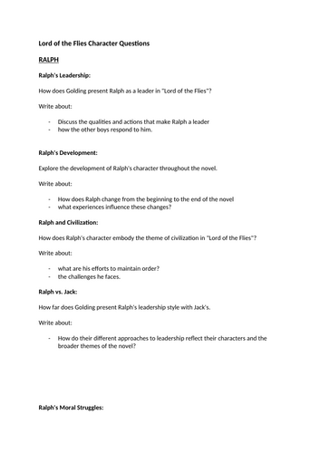 AQA GCSE Lord of the Flies Character Essay questions | Teaching Resources