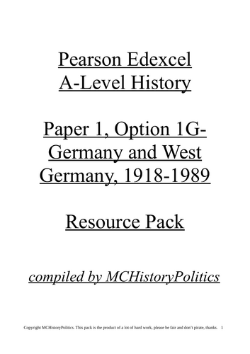 Edexcel Paper 1G Germany 1918-1989 Resource Pack | Teaching Resources