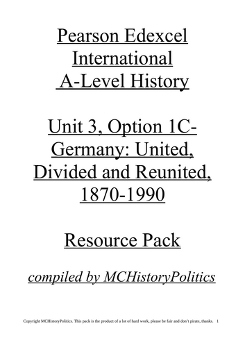 Pearson Edexcel International Unit 3, 1C Germany 1870-1990 Resource ...