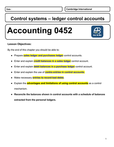 Lesson 13 Control Systems Ledger Control Accounts Igcse 0452