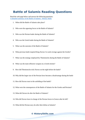 Battle of Salamis Reading Questions Worksheet | Teaching Resources