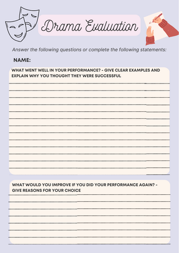 KS3 Drama - Self and Peer Evaluation Worksheet | Teaching Resources
