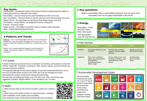 Sustainability ks3 knowledge organiser | Teaching Resources