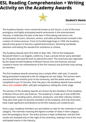 ESL Reading Comprehension + Essay Worksheet on the Academy Awards ...