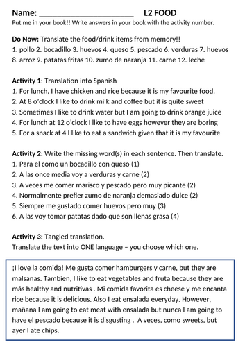 Y9 FOOD Cover Worksheet Spanish | Teaching Resources